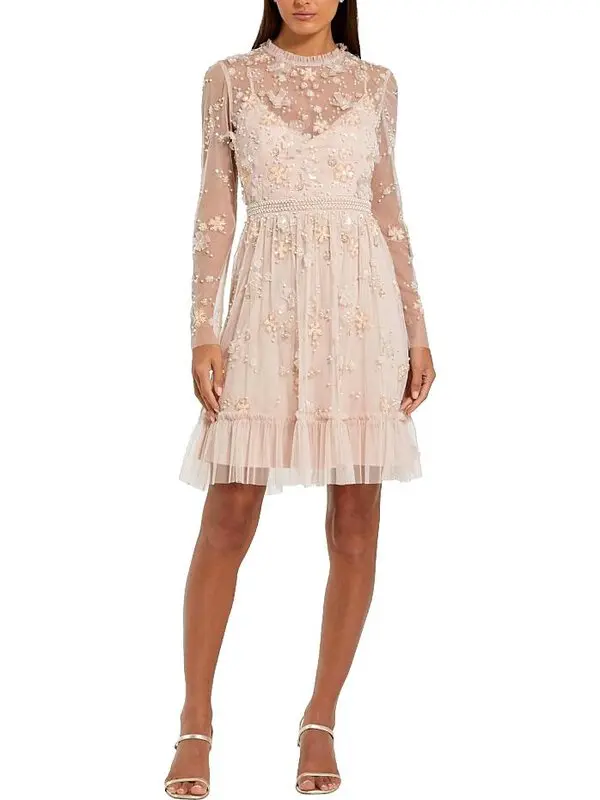 Mac Duggal Embellished Sheer Long Sleeve Midi Dress - Blush
