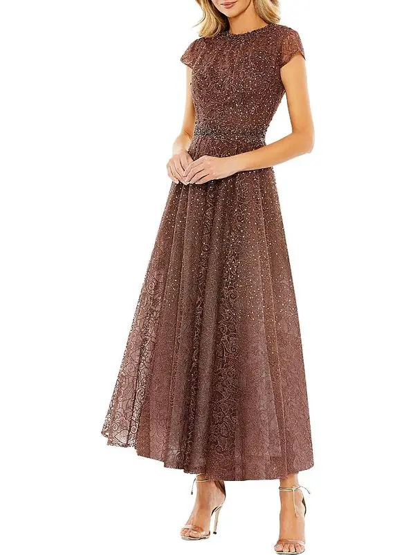 Mac Duggal Embellished Cap-sleeve A-line Dress - Chocolate
