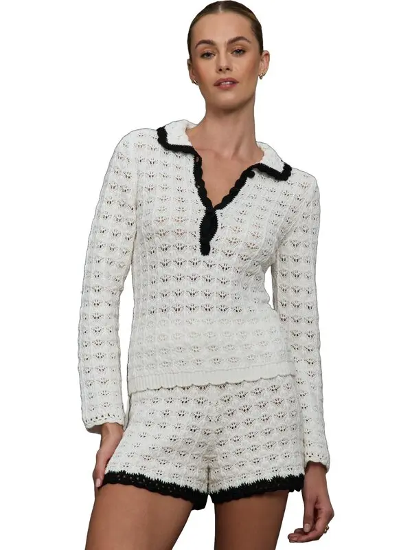Carbon38 Crochet Long Sleeve Polo Top - Ivory