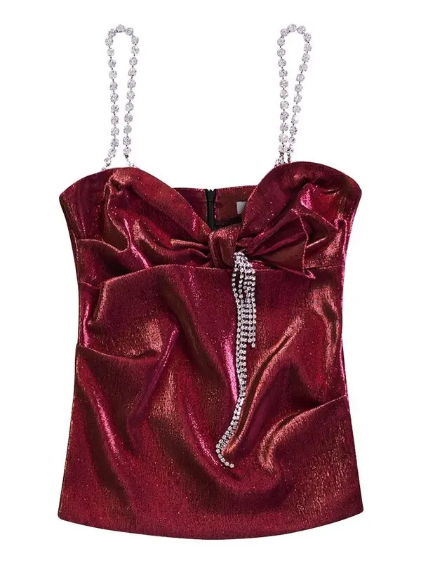 AREA Crystal Embellished Stretch Lamé Top - Red