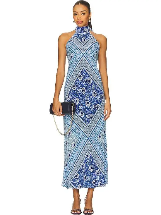 Rixo Maura Halter Maxi Dress - Boho Scarf Blue