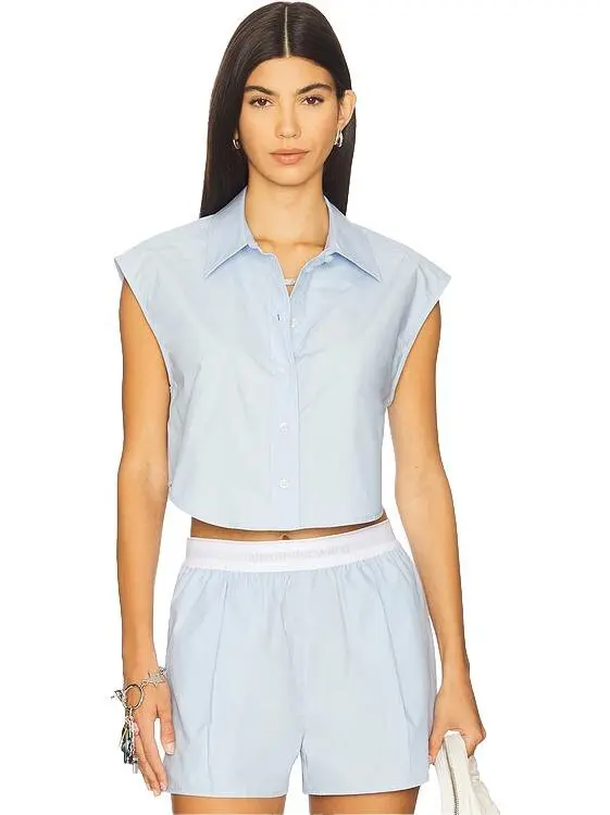 Alexander Wang Cropped Button-down Sleeveless Shirt With Necklace - Oxford Blue