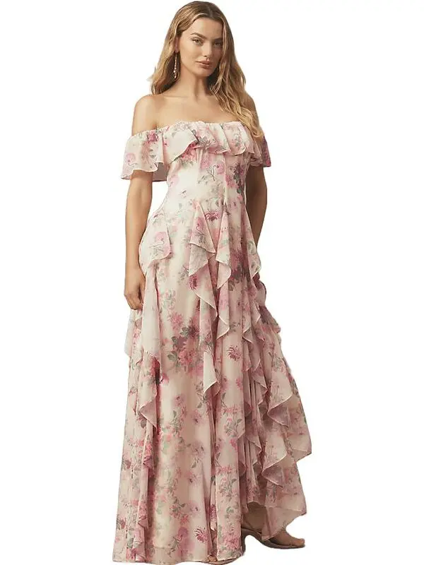 Bhldn Chiffon Ruffle Maxi Dress - Pink Pattern