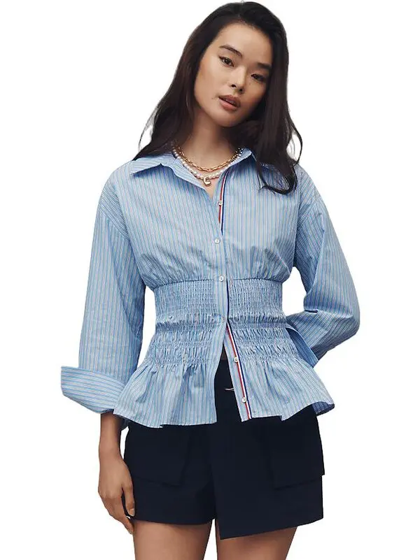 Maeve Long-sleeve Smocked-waist Blouse - Blue Pattern