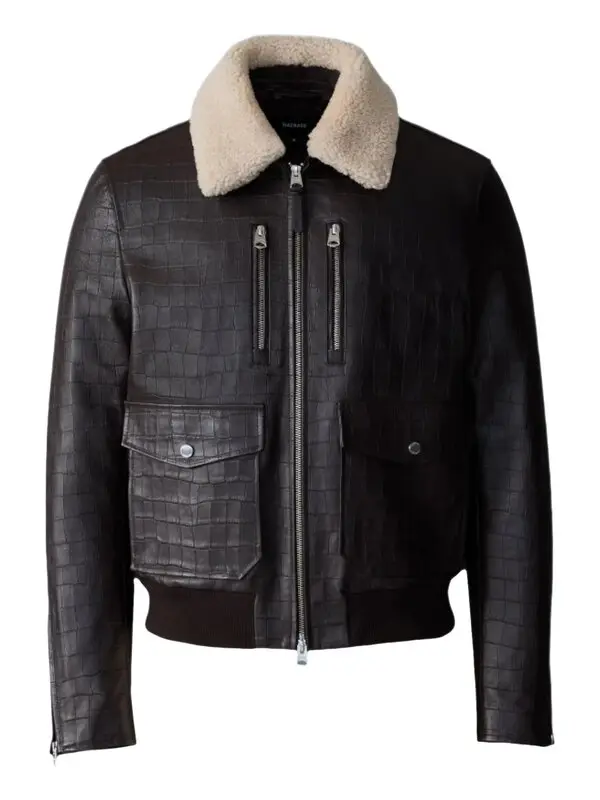 Mackage Croc-embossed Leather Jacket With Shearling Collar - Black