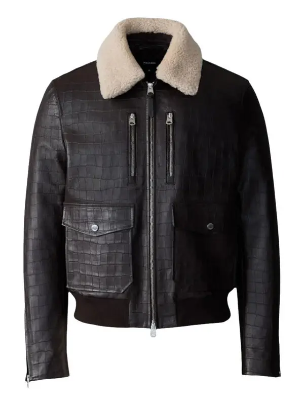 Mackage Croc-embossed Leather Jacket With Shearling Collar - Coffee