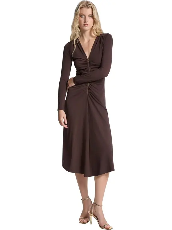 Michael Kors Ruched Stretch Matte Jersey Dress - Brown