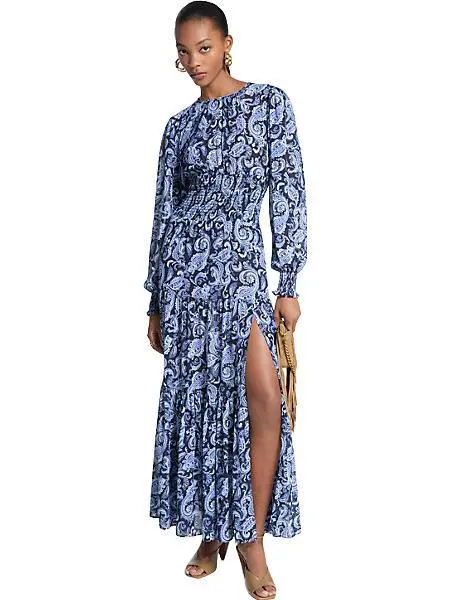 Michael Kors Paisley Print Smocked Georgette Maxi Dress - Blue