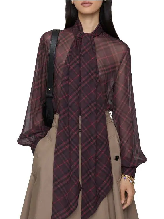 Burberry Check Silk Scarf Blouse - Wine Red
