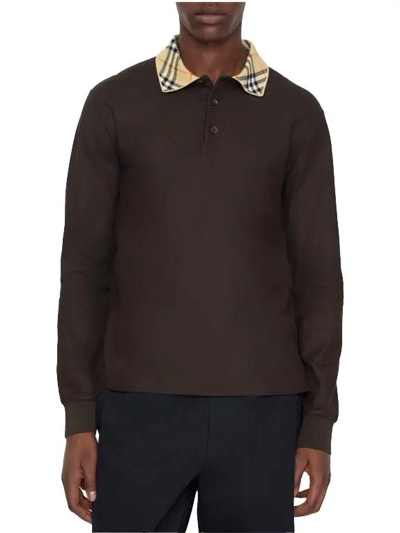 Burberry Long-sleeve Check Collar Cotton Polo Shirt - Clove Brown