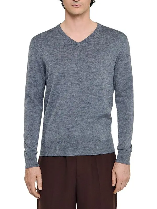 Sandro Merino Wool V-neck Sweater - Light Grey