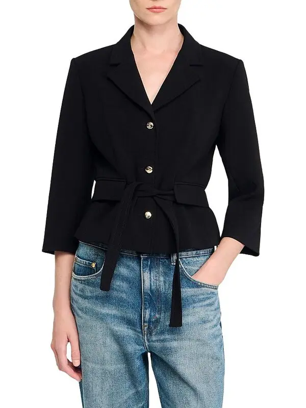 Sandro Cropped Tailored Belted Waist Jacket - Black