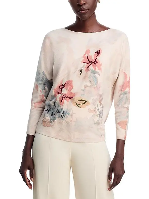 SIONI Floral Embroidered Dolman Sleeve Sweater - Winter White