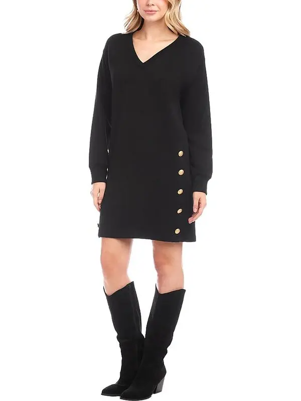 Karen Kane Long Sleeve V-neck Dress With Button Detail - Black