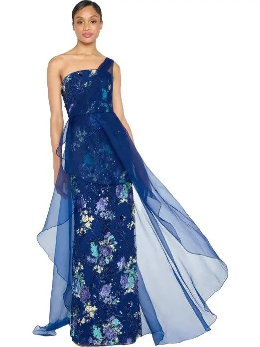 Theia Noemi Beaded Column Gown With Overlay - Blue