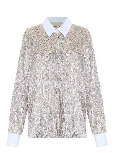 THEO THE LABEL Kleio Sequin Collared Shirt - Sand