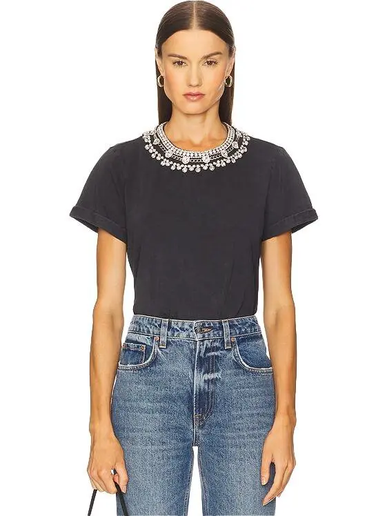 Cinq À Sept Embellished Crystal And Faux Pearl Neckline Trim T-shirt - Charcoal