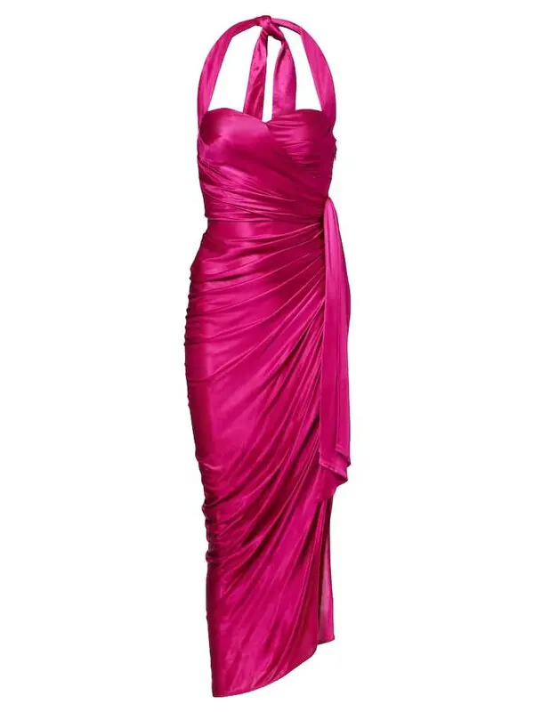 Balmain Draped Halterneck Satin Midi Dress - Pink