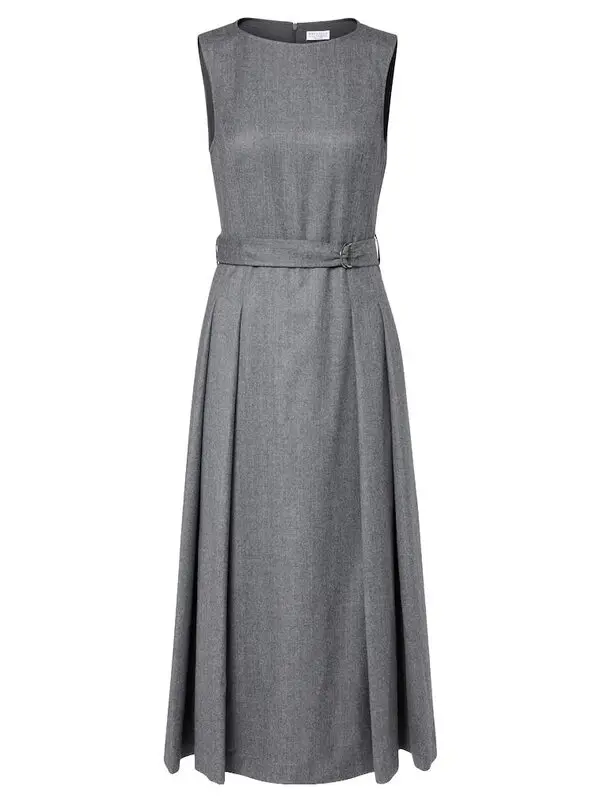 Brunello Cucinelli Belted Virgin Wool Midi Dress - Grey