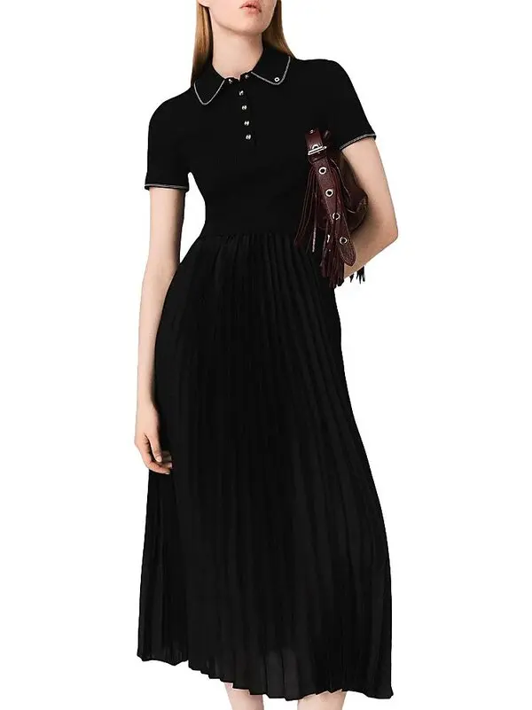 Maje Polo Collar Pleated Maxi Dress - Black