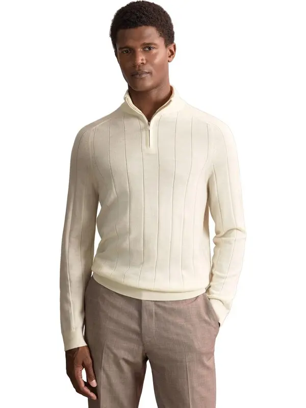 REISS Findlay Merino Wool Wide-rib Half-zip Jumper - Bianco