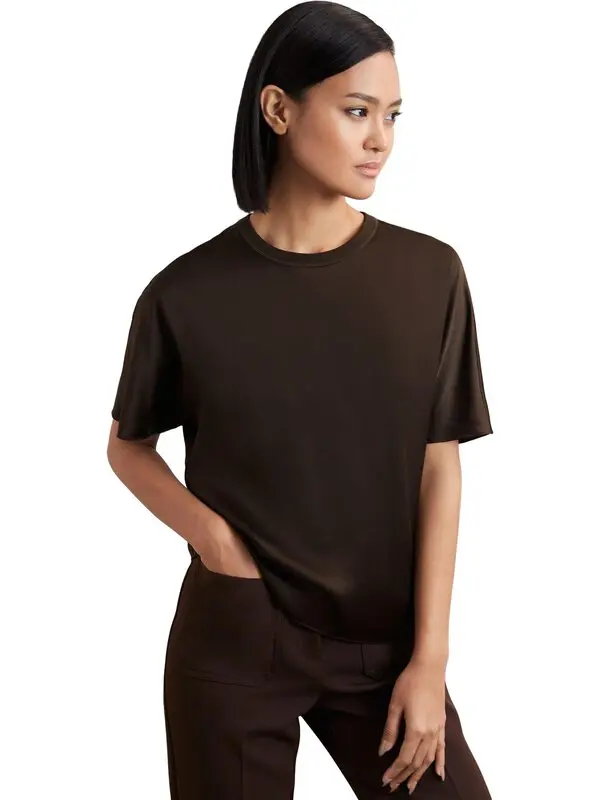 REISS Lena Silk Top - Chocolate Brown