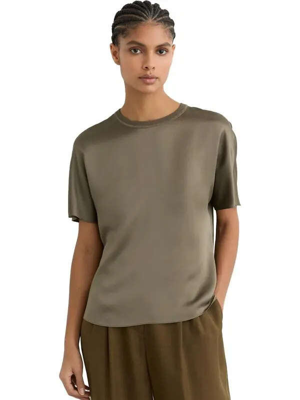 REISS Lena Silk Top - Khaki Green