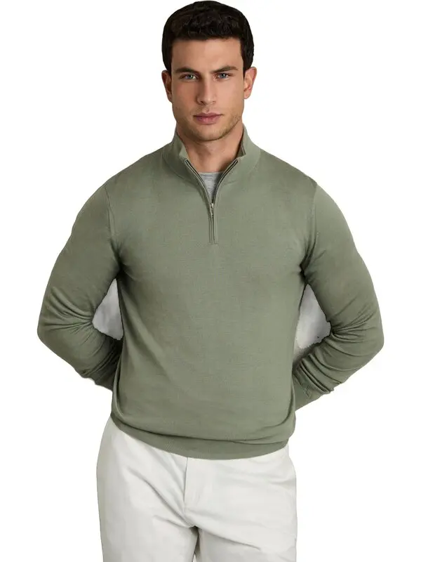 REISS Merino Wool Half-zip Jumper - Herb Green