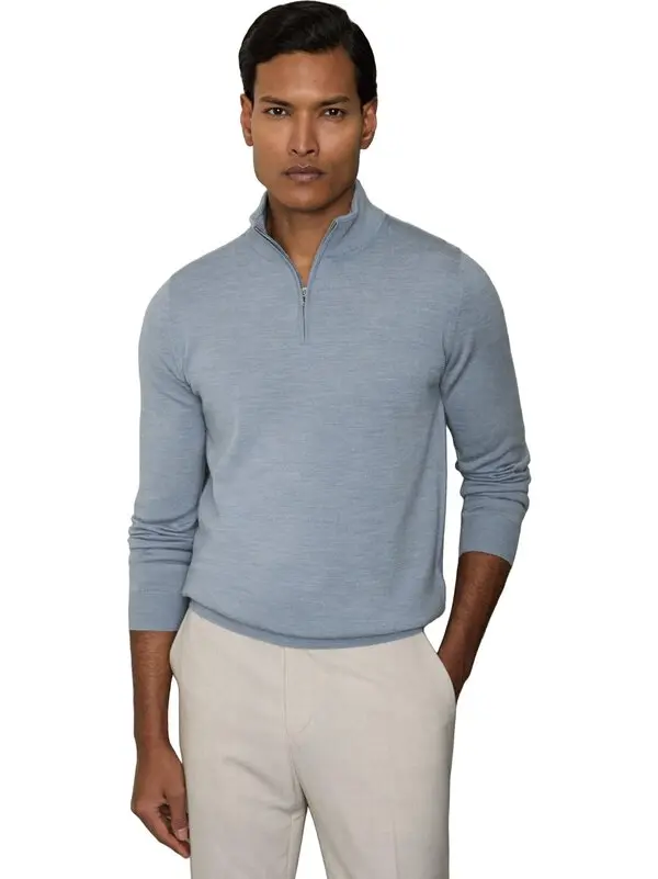 REISS Merino Wool Half-zip Jumper - Soft Blue Melange