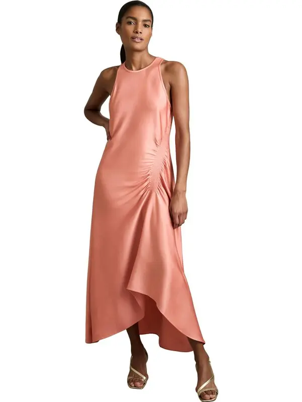 REISS Anessa Petite Satin Shirred Midi Dress - Coral