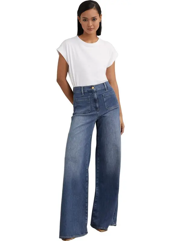 REISS Bella Patch Pocket Wide Leg Jeans - Mid Blue