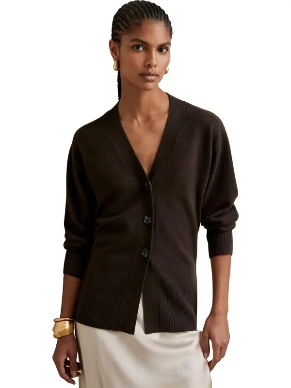 REISS Wool-blend Fitted Cardigan - Chocolate