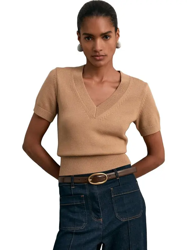REISS Cotton-wool Knit V-neck Top - Camel