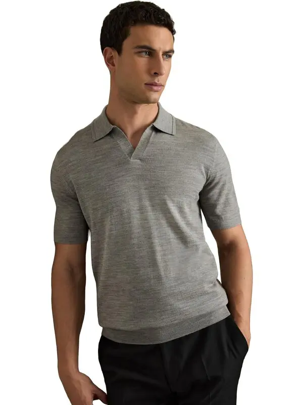 REISS Duchie Merino Wool Open Collar Polo Shirt - Warm Grey Melange