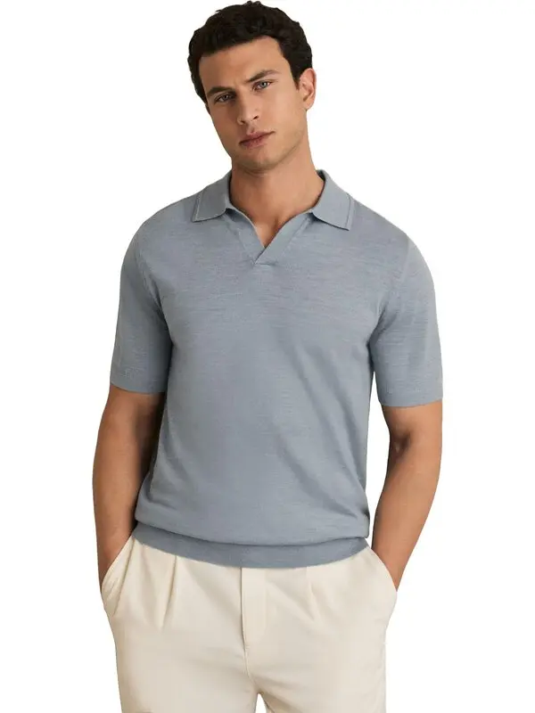 REISS Duchie Merino Wool Open Collar Polo Shirt - Soft Blue Melange