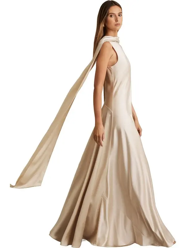 REISS Satin Cape Maxi Dress - Champagne