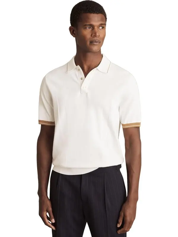 REISS Portman Tipped Knit Polo Shirt - White/camel