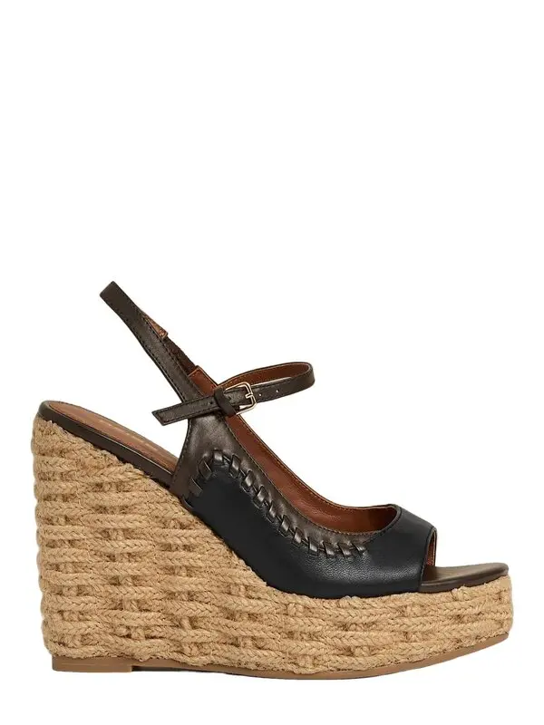 REISS Camila Leather Whipstitch Wedge Sandals - Chocolate/black