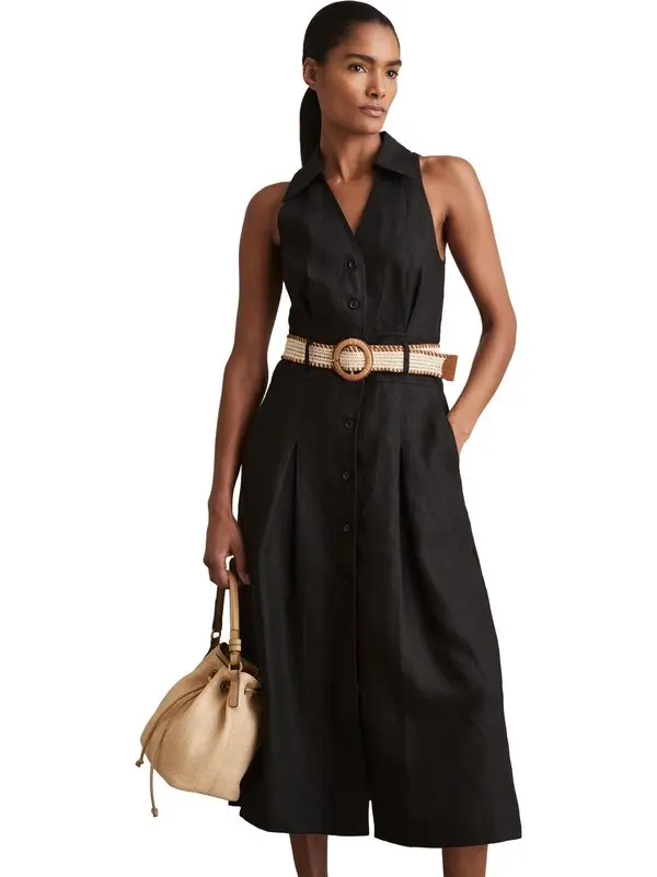 REISS Annie Linen Belted Sleeveless Midi Dress - Black