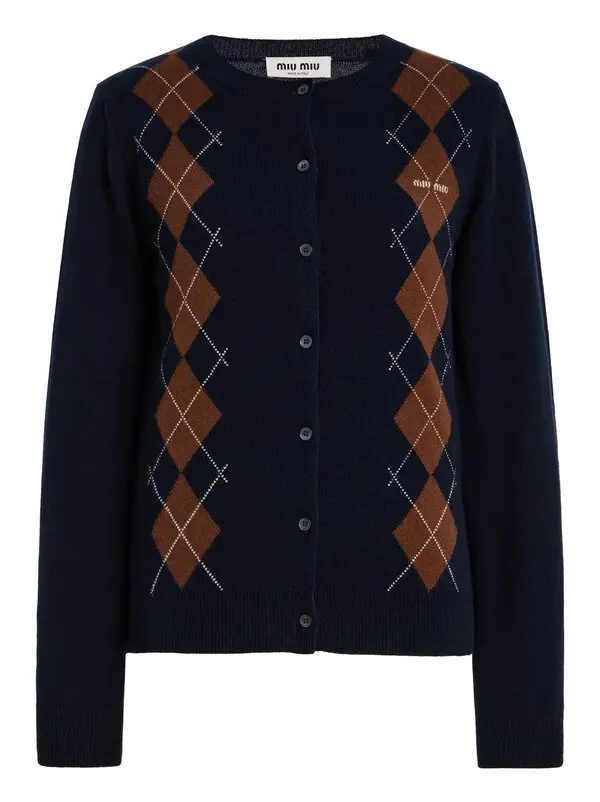 Miu Miu Argyle Cashmere Cardigan - Navy