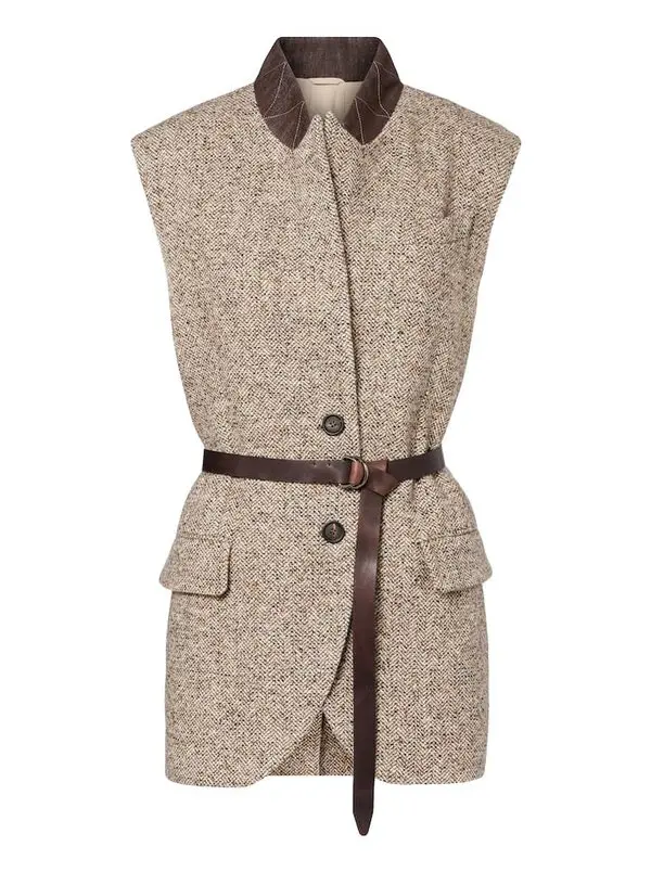 Brunello Cucinelli Belted Wool And Silk-blend Vest - Beige