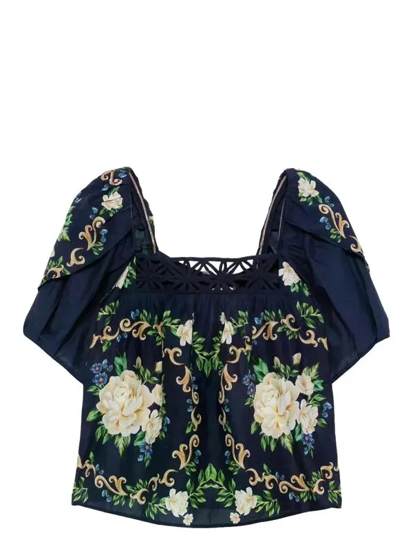 Farm Rio Floral-print Puff-sleeve Blouse - Blue