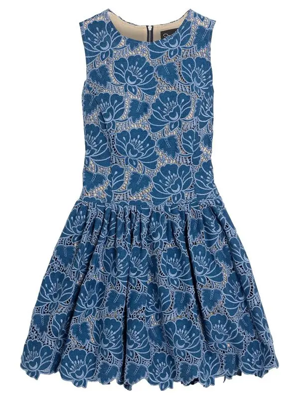 Oscar De La Renta Pleated Guipure Lace Denim Mini Dress - Mid Denim