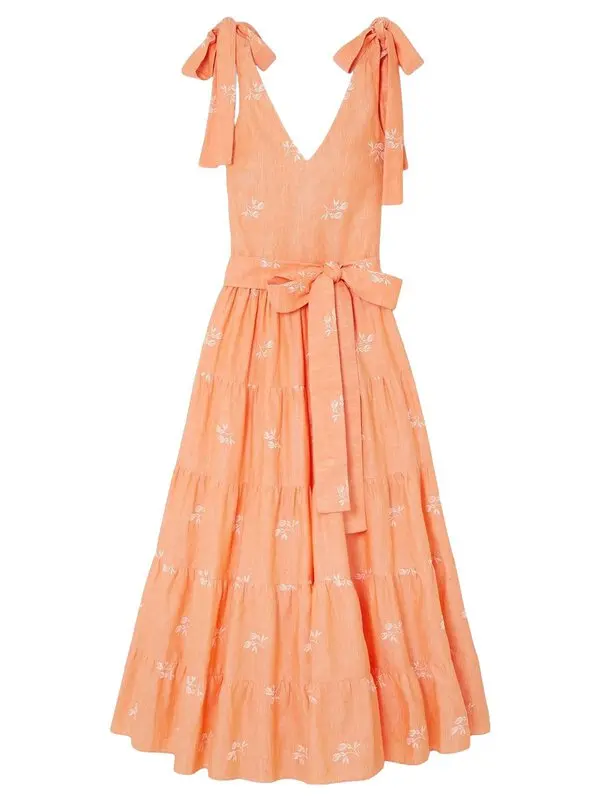 Erdem Yesenia Bow-detailed Tiered Embroidered Cotton-blend Gauze Midi Dress - Peach