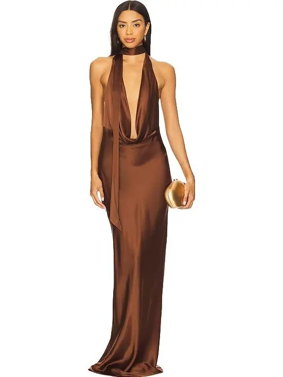 Nbd Naila Gown In Satin - Brown