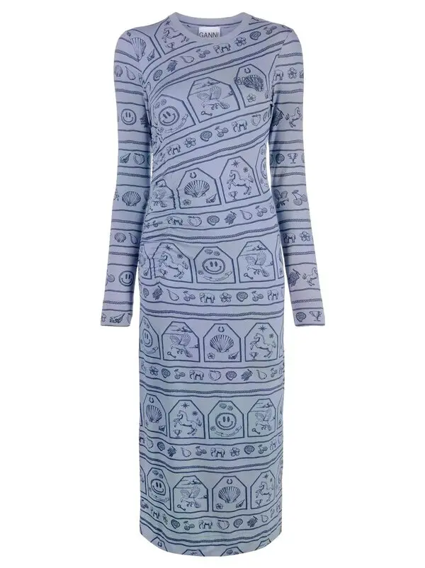 GANNI Zodiac Logo-print Jersey Dress - Blue