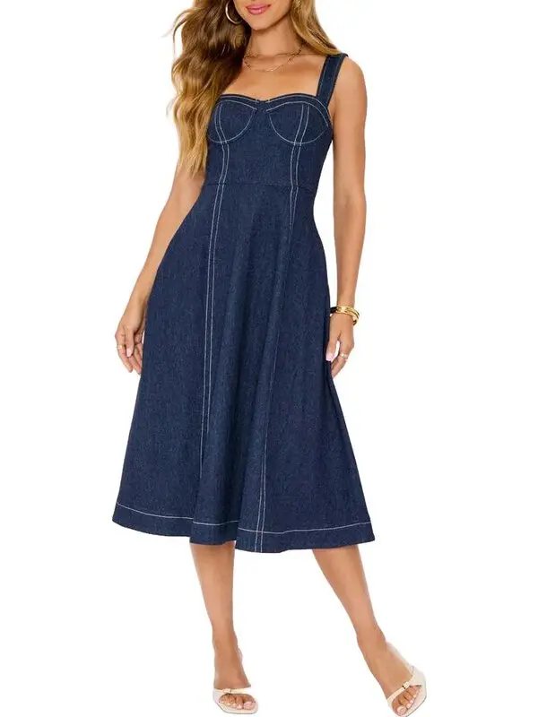 VICI Rey Bustier Bodice Denim Midi Dress - Dk Denim Blue
