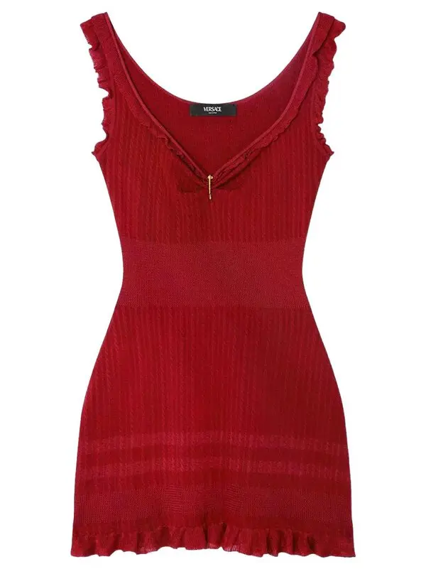 Versace Ruffled Ribbed Knit Dress - Red