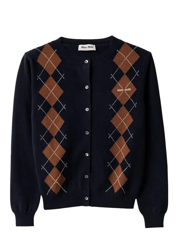 Miu Miu Cashmere Argyle Crewneck Cardigan - Bleu