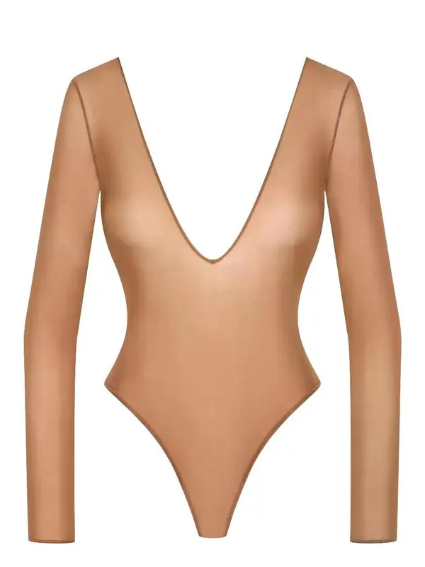 MAISON CLOSE French Kiss Light Open-back Long-sleeve Bodysuit - Neutrals